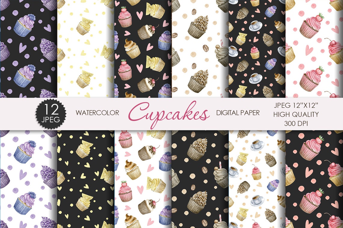 Watercolor Cupcakes Digital Paper. Cakes Clipart. | Etsy