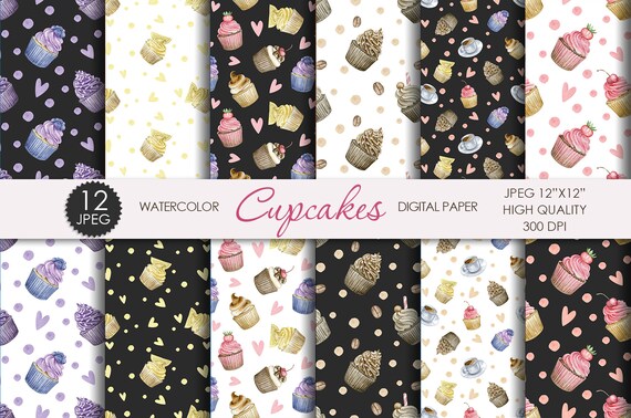 Watercolor Cupcakes Digital Paper. Cakes Clipart. | Etsy