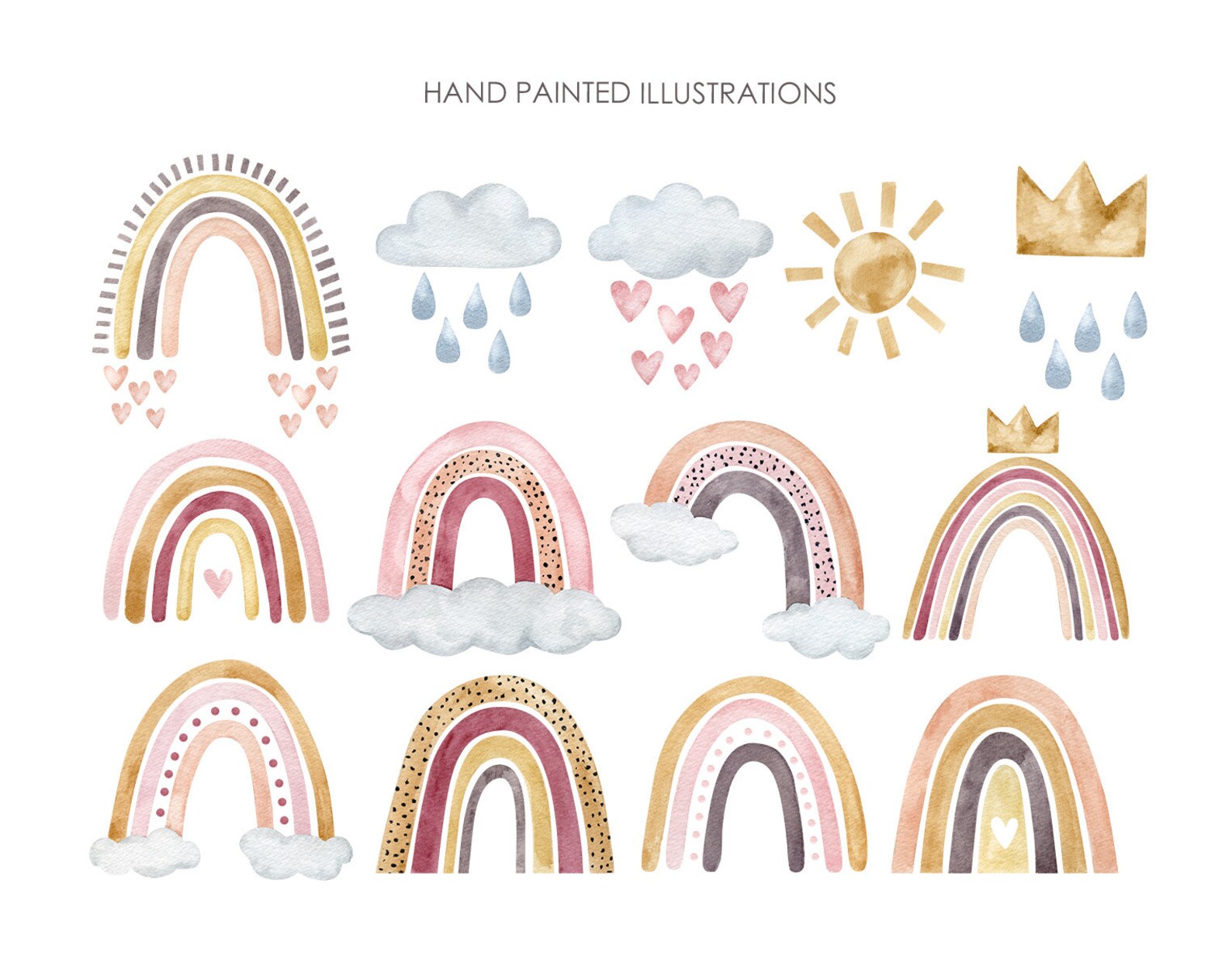 Watercolor Boho Rainbow Clipart. Muted Rainbow Hand Drawn | Etsy