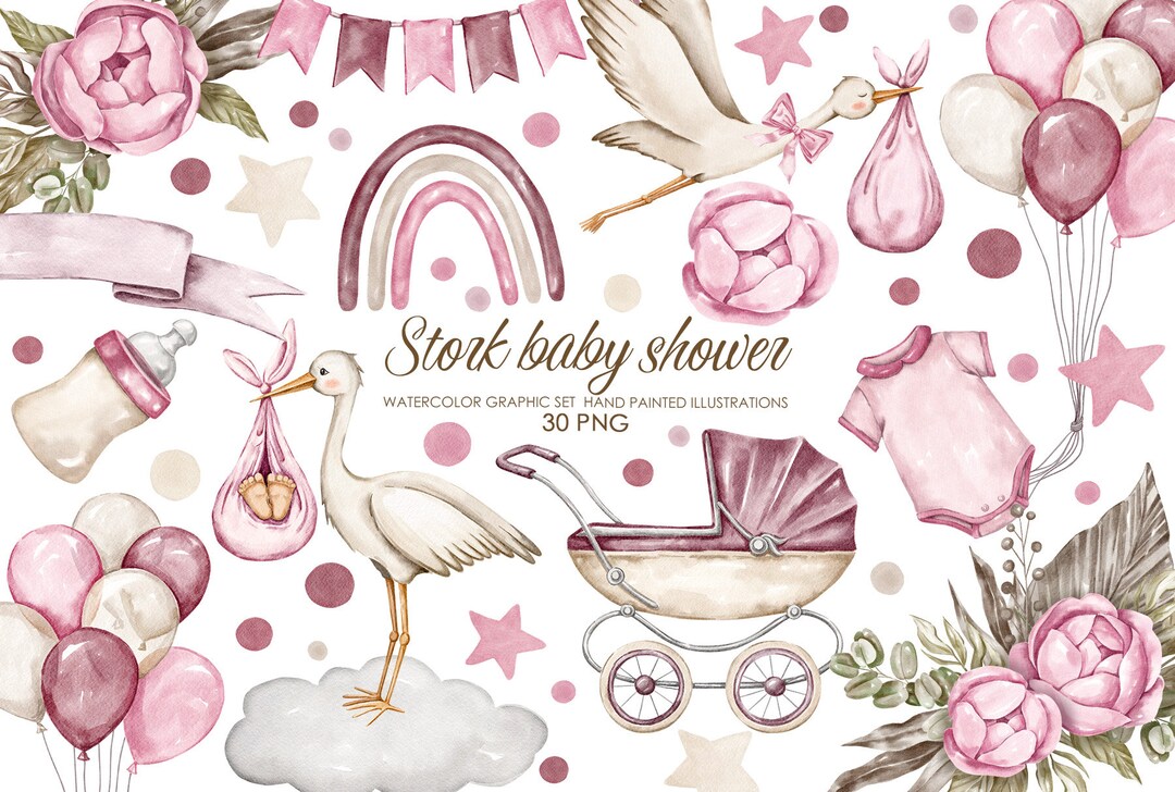 Watercolor Boho Nursery Clipart. Girl Baby Shower Clipart. Stork ...