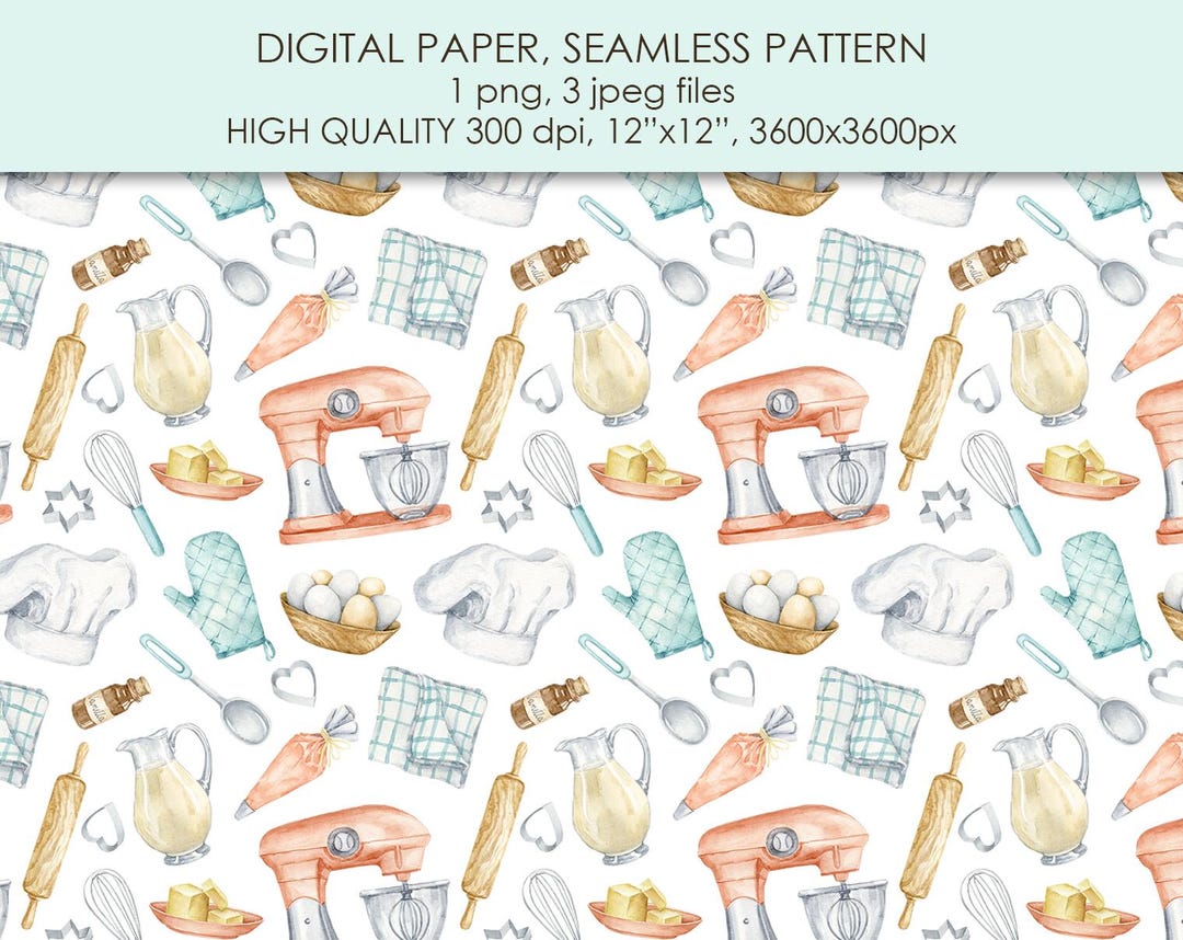 Bakery Watercolor Digital Paper. Kitchen Supplies Seamless Pattern ...
