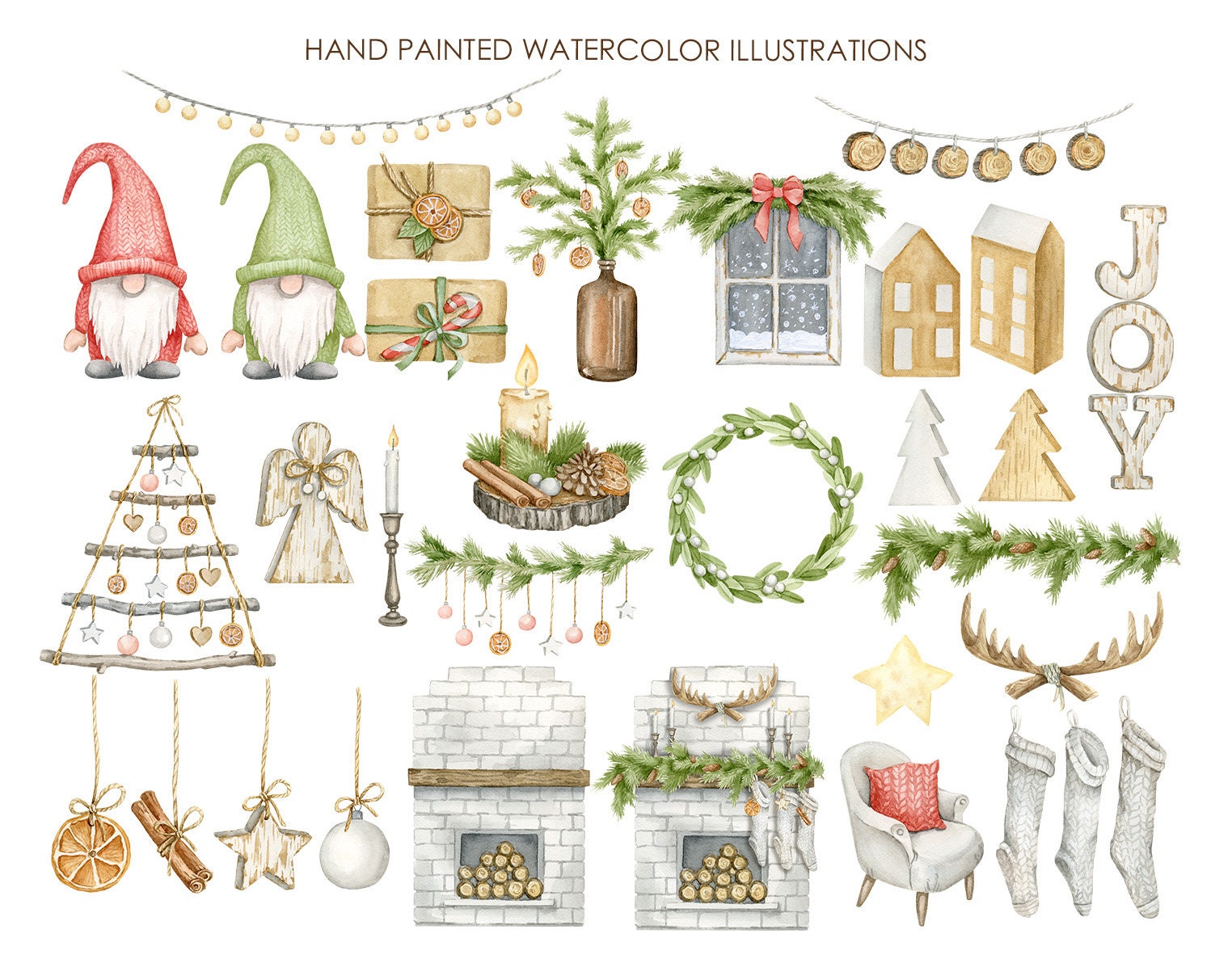 Watercolor Rustic Christmas Clipart. New Year Clipart. - Etsy