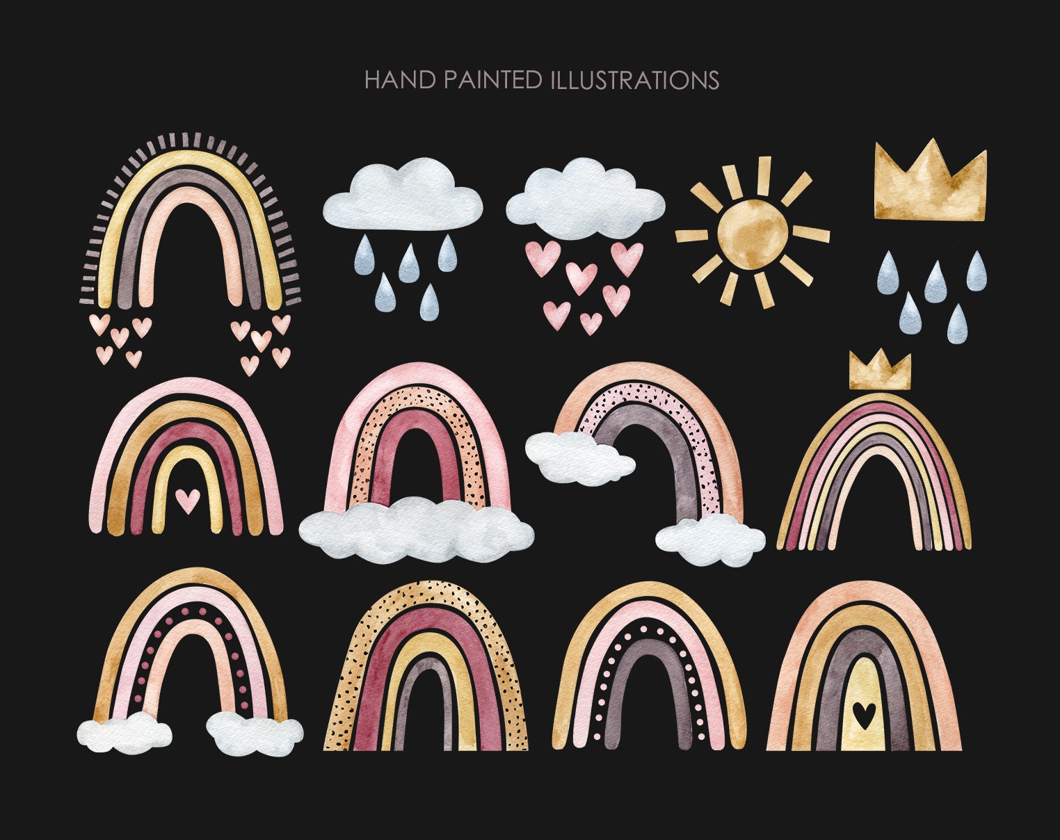 Watercolor Boho Rainbow Clipart. Muted Rainbow Hand Drawn - Etsy