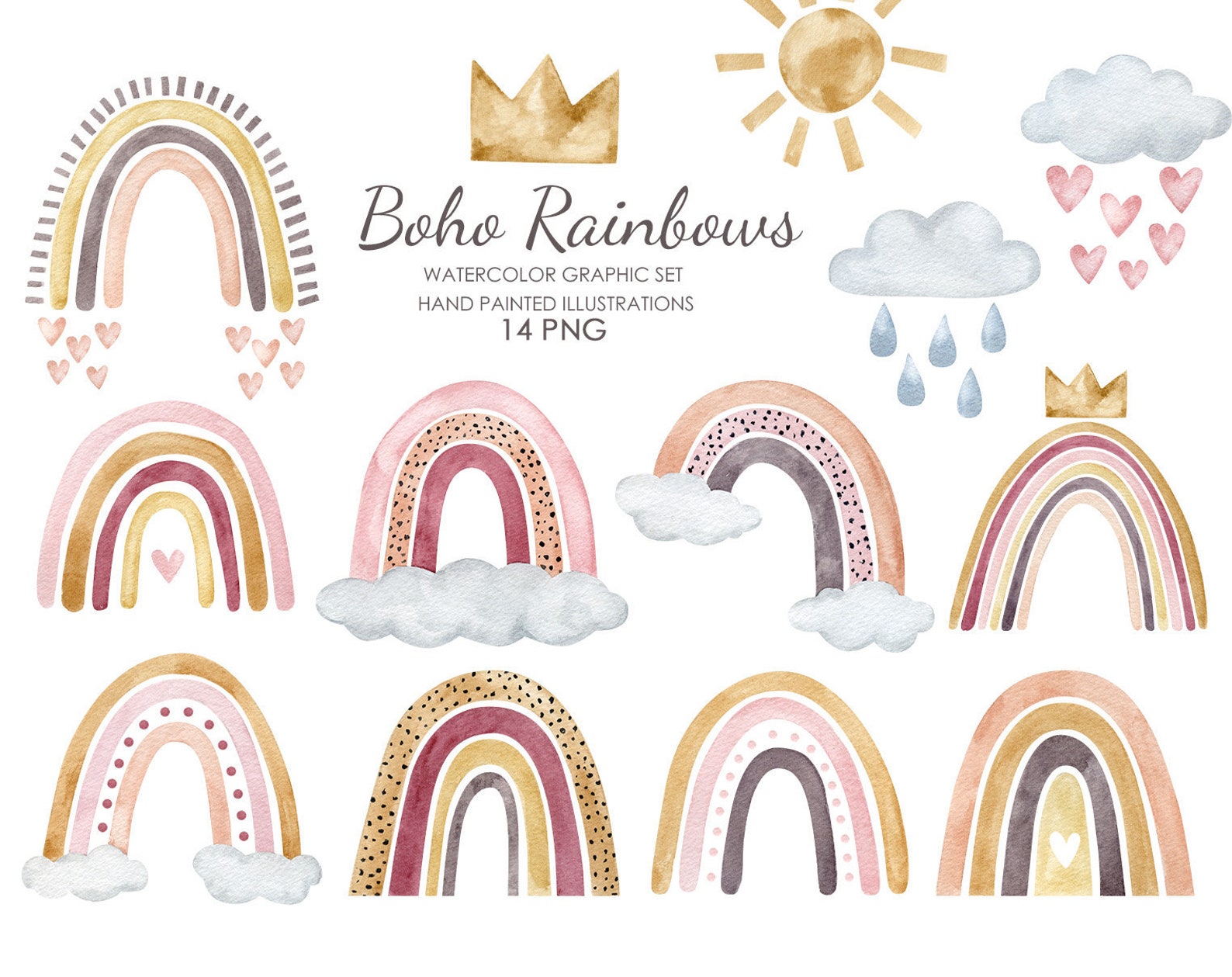 Watercolor Boho Rainbow Clipart. Muted Rainbow Hand Drawn Illustrations ...