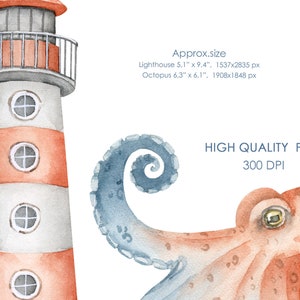 Watercolor Nautical Clipart. Ocean Waves Clipart. Lighthouse, Ship and ...