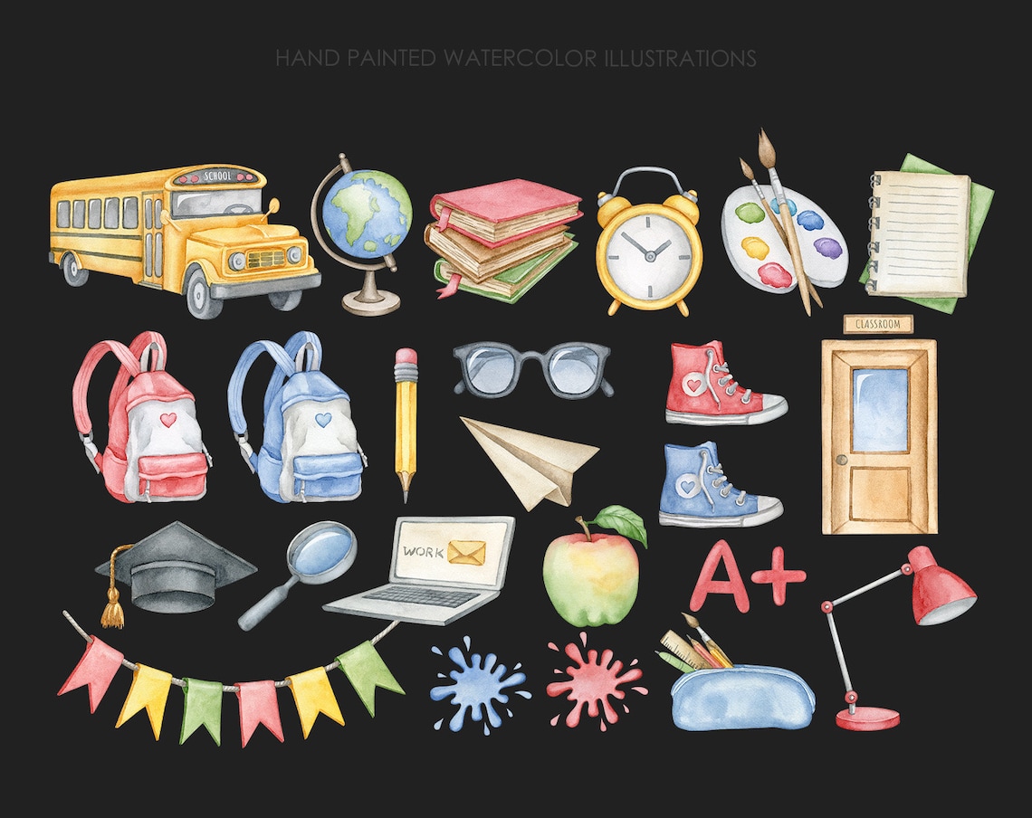Watercolor School Clipart. School Supplies PNG. Education - Etsy
