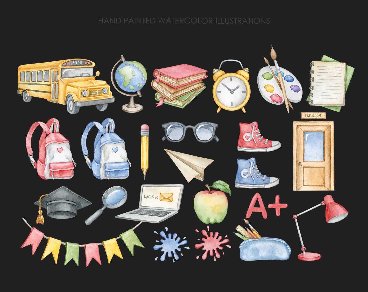Watercolor School Clipart. School Supplies PNG. Education Clipart. - Etsy