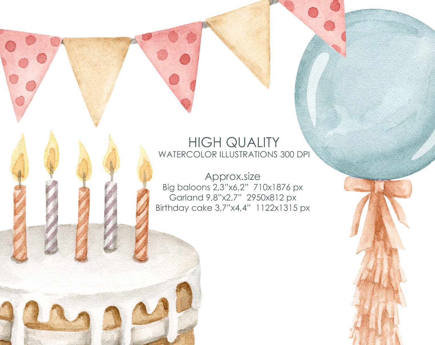 Watercolor Birthday Party Clipart. Balloons and Bunting - Etsy