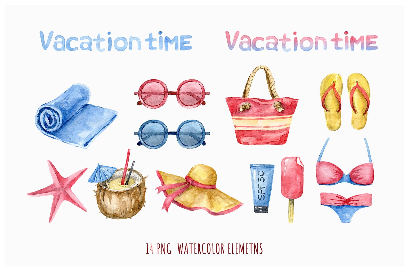 Watercolor Summer Beach Clipart Set PNG Download. Watercolor Traveling ...