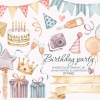 25 Watercolor Birthday Party Clipart Bundle, Children's Party PNG ...