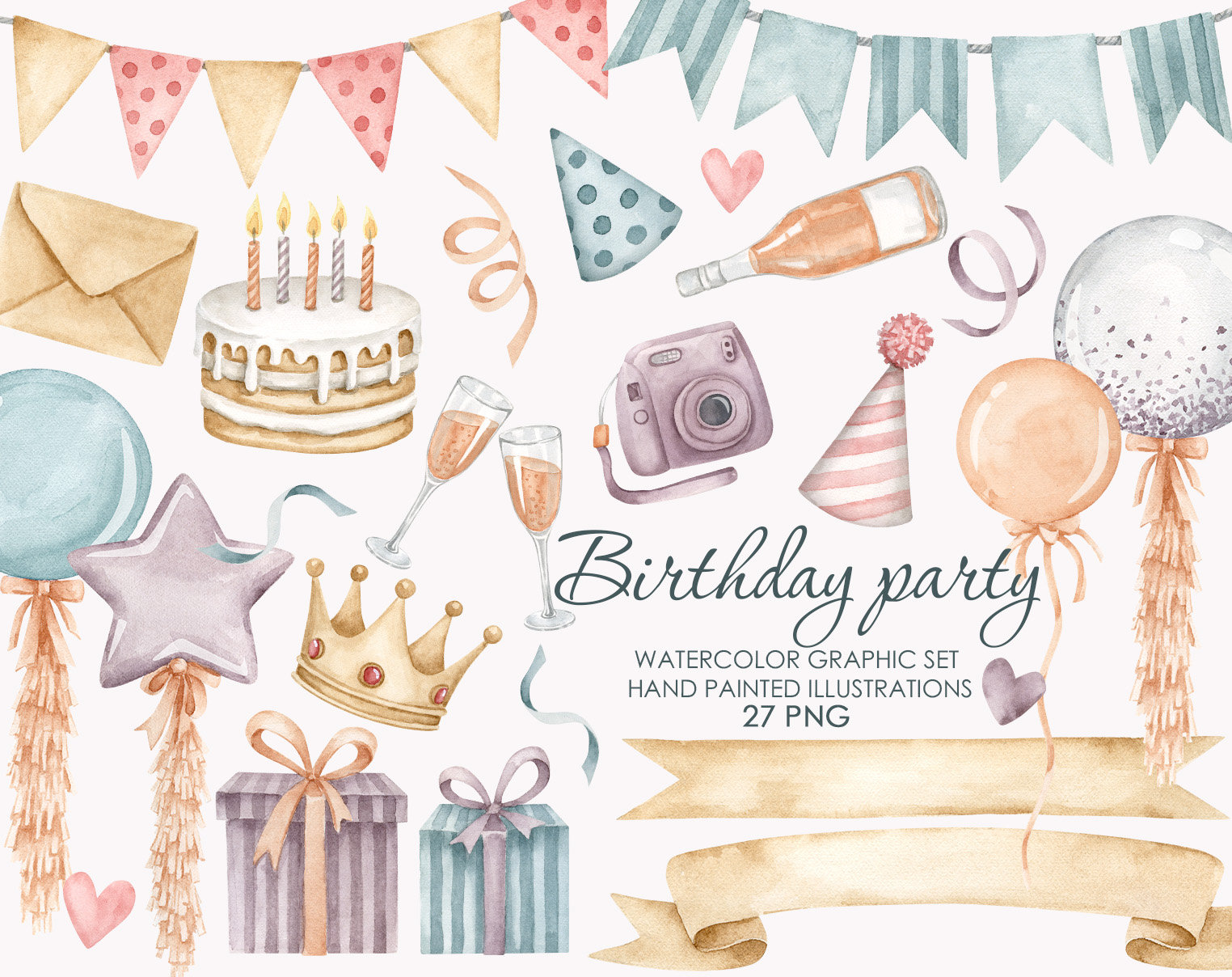 Watercolor Birthday Party Clipart. Balloons and Bunting - Etsy