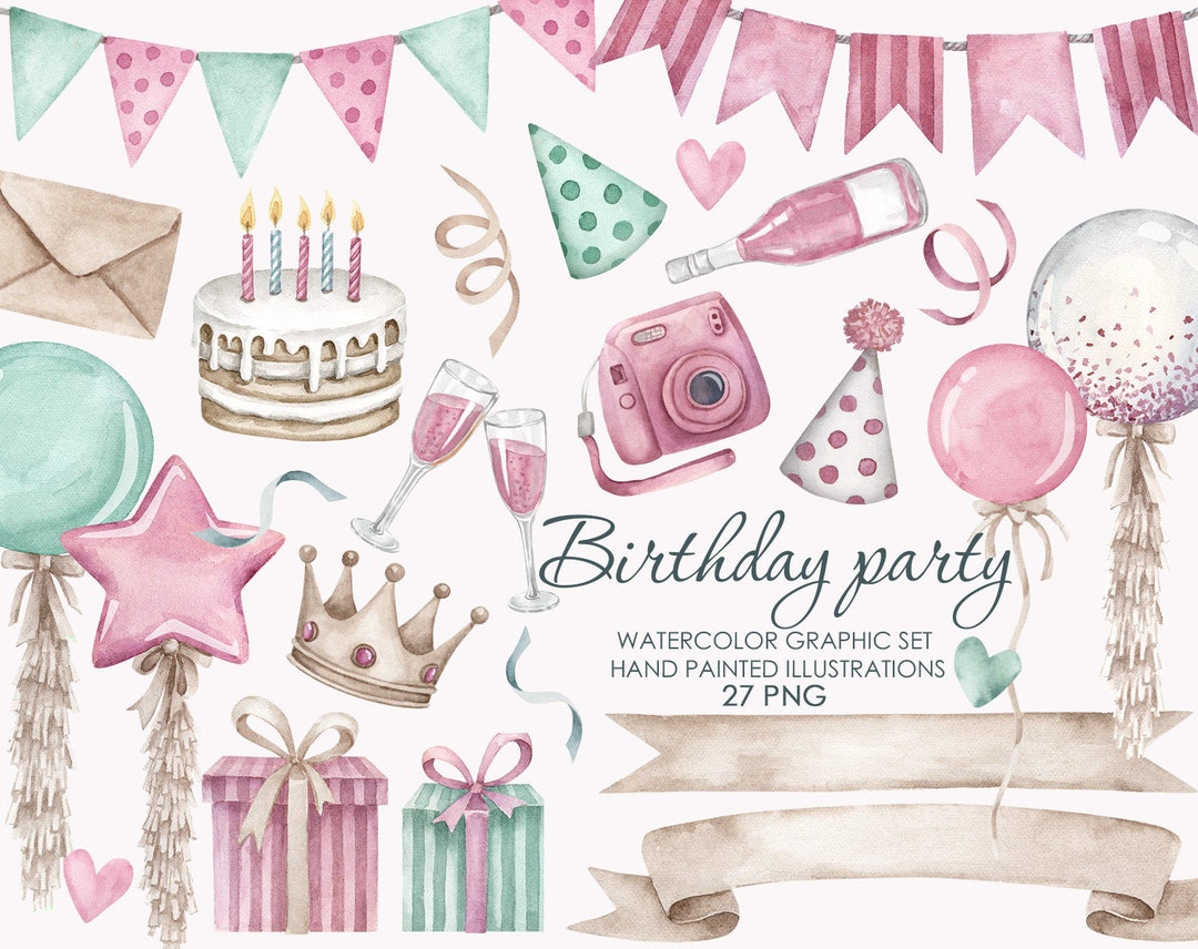 Watercolor Birthday Party Clipart. Balloons and Bunting Clipart ...