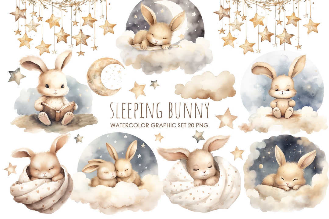 Watercolor Baby Bunny Clipart. Sleeping Bunny PNG. Boho Nursery Clipart ...