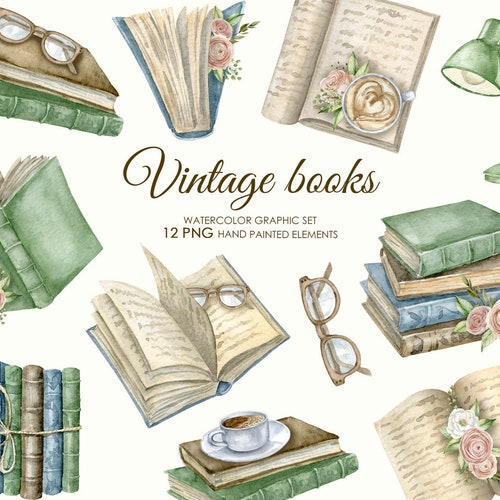 Watercolor Book Clipart Set Vintage Books Library Graphics - Etsy