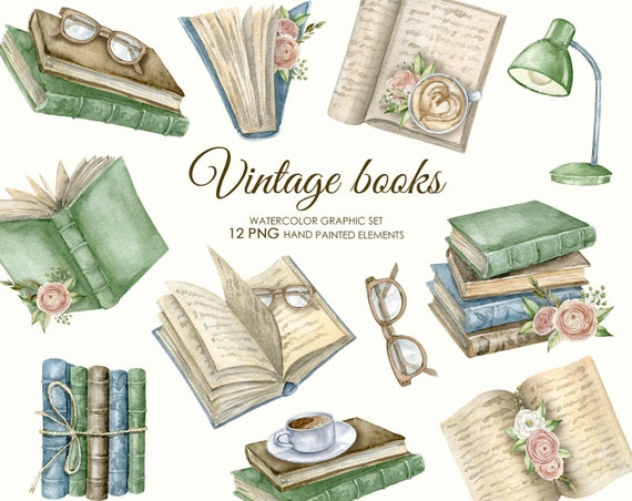 Watercolor Vintage Books Clipart. Reading Clipart. Books With - Etsy