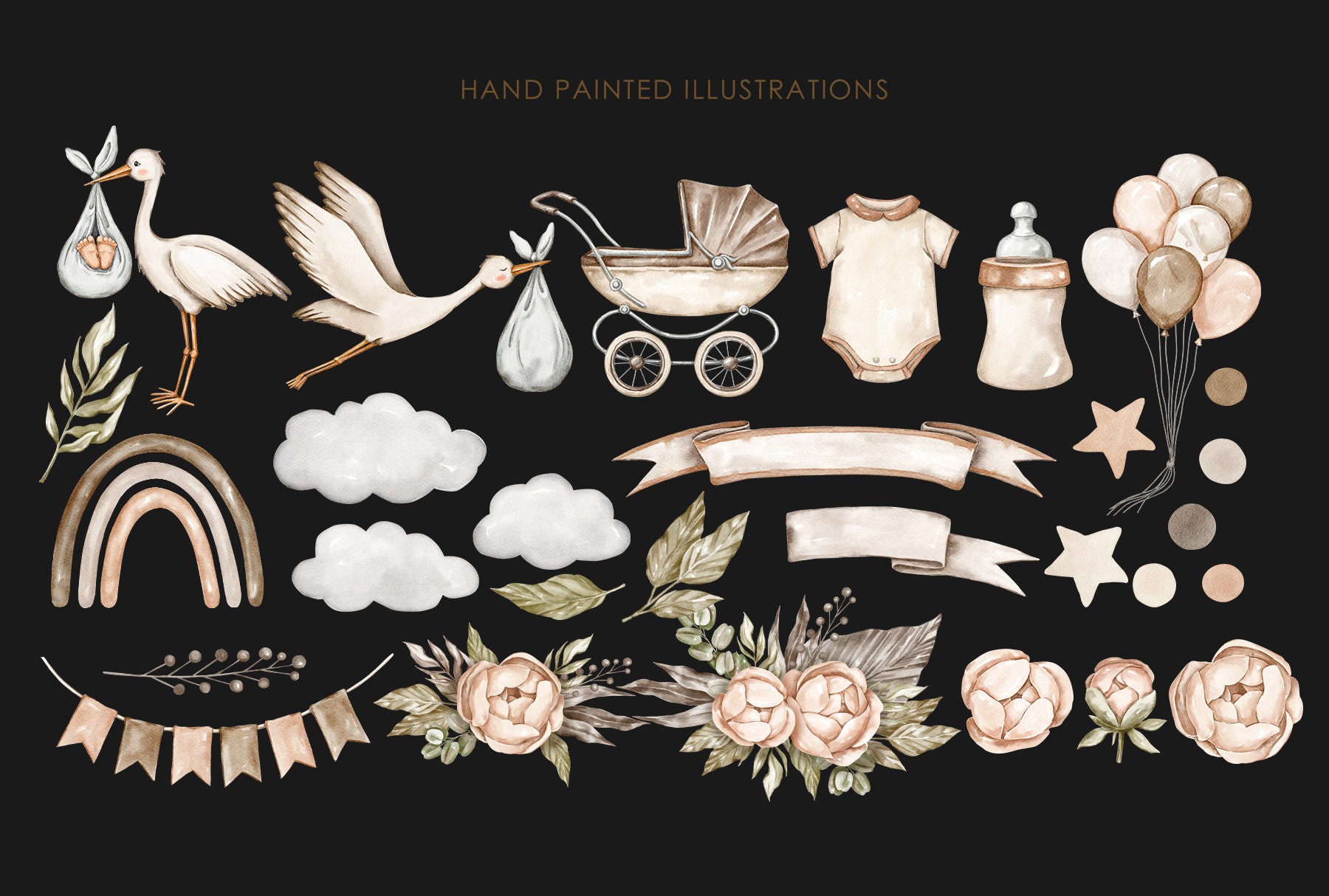 Watercolor Boho Nursery Clipart. Stork Baby Shower Clipart. - Etsy