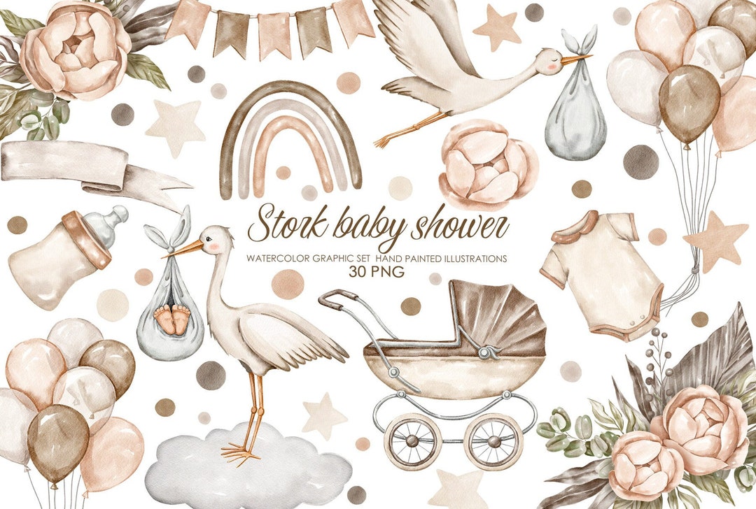 Watercolor Boho Nursery Clipart. Stork Baby Shower Clipart. Stork ...