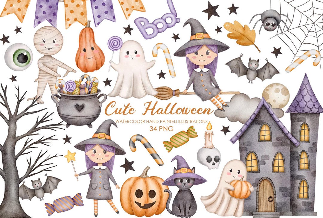 Watercolor Halloween Clipart. Cute Halloween. Cute Witch Clipart. Ghost ...