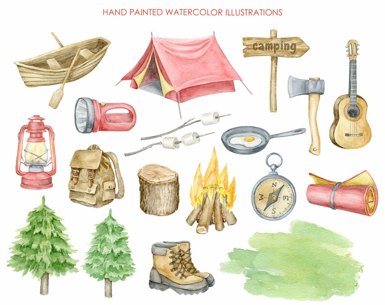 Watercolor Camping Clip Art. Hiking in the Forest With a Tent ...