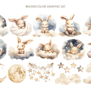 Watercolor Baby Bunny Clipart. Sleeping Bunny PNG. Boho Nursery Clipart ...
