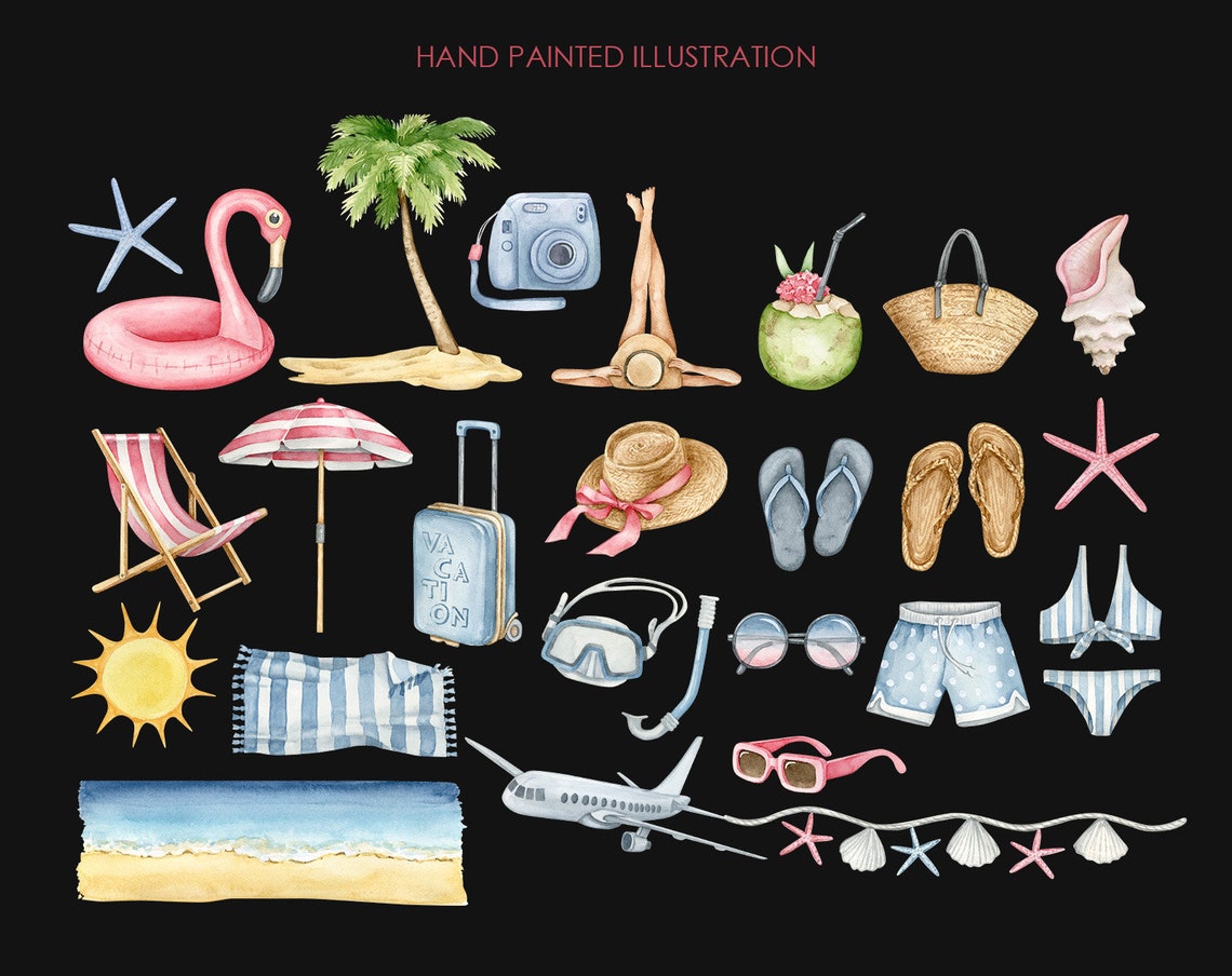 Watercolor Summer Beach Clipart. Summer Vacation PNG. Travel - Etsy UK