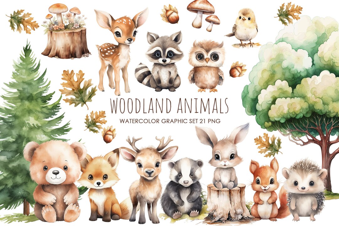 Watercolor Cute Woodland Animals Clipart. Forest Animals PNG. Woodland ...