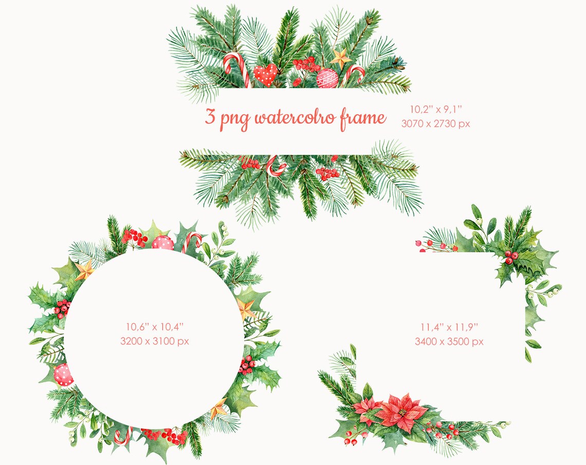 Watercolor Christmas Floral Wreath and Frame Clipart. Winter | Etsy