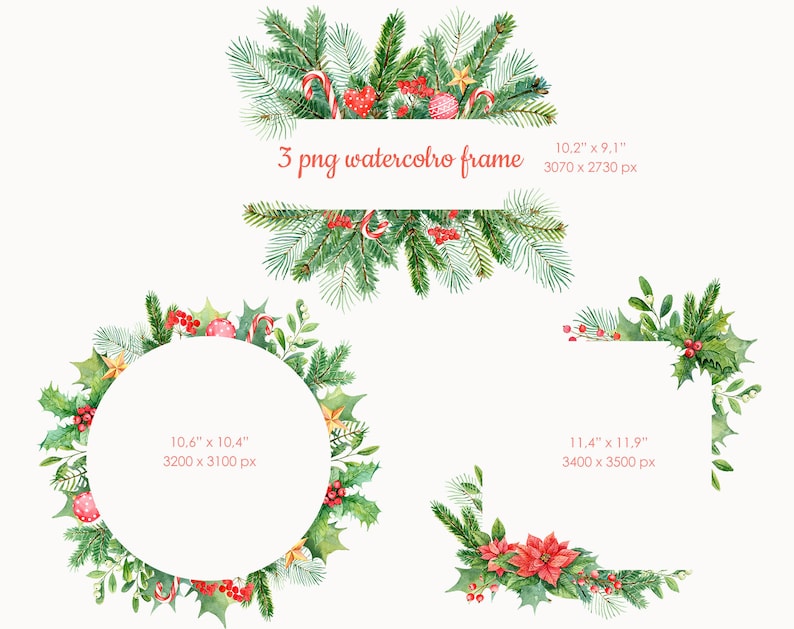 Watercolor Christmas Floral Wreath and Frame Clipart. Winter Holiday ...