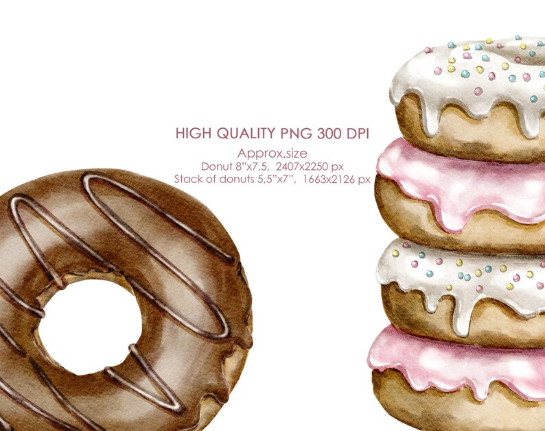 Watercolor Donut Clipart. Chocolate Donuts, Sprinkles Donuts. Dessert ...