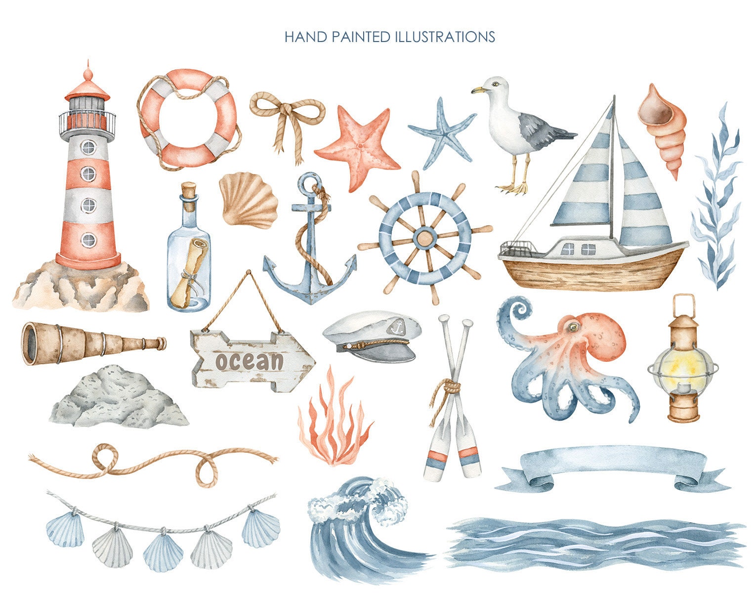 Watercolor Nautical Clipart. Ocean Waves Clipart. Lighthouse - Etsy