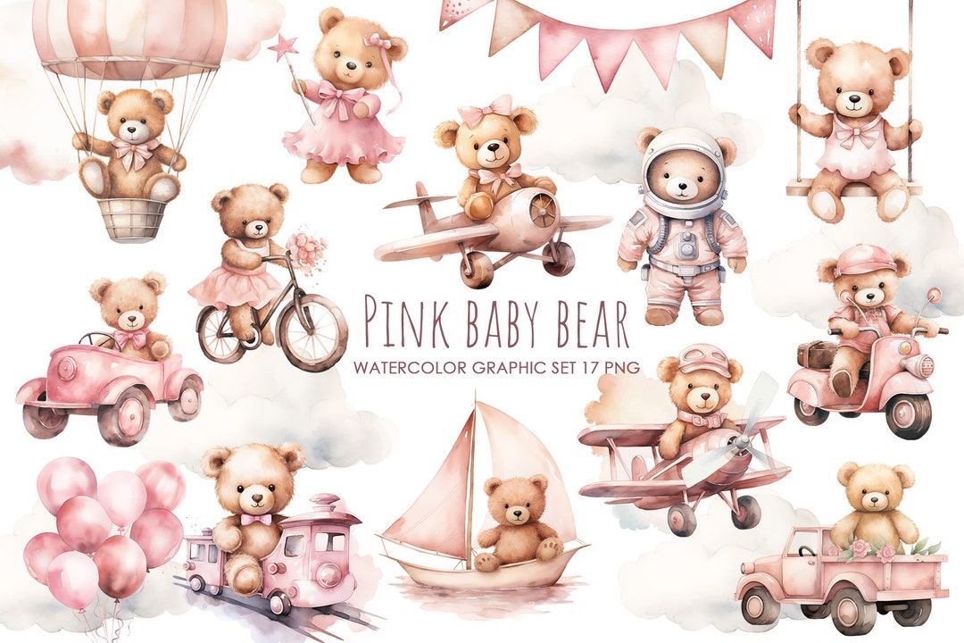 Watercolor Pink Baby Bear Clipart. Teddy Bear PNG. Boho Nursery Clipart ...