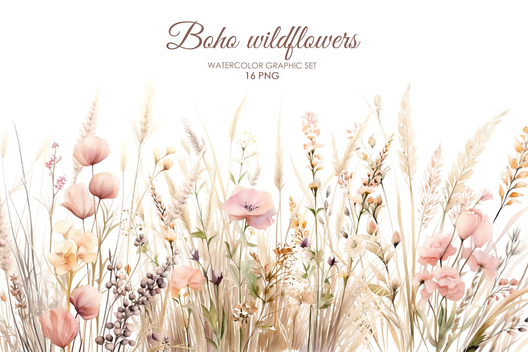 Boho Wild Flowers Clipart. Watercolor Wild Flowers. Wildflower Meadow ...