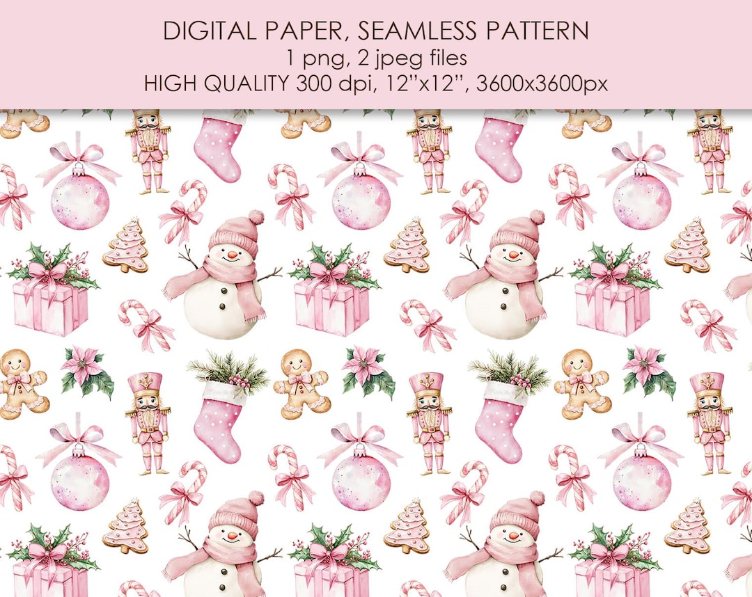Pink Christmas Seamless Pattern. Watercolor Christmas Digital Paper ...