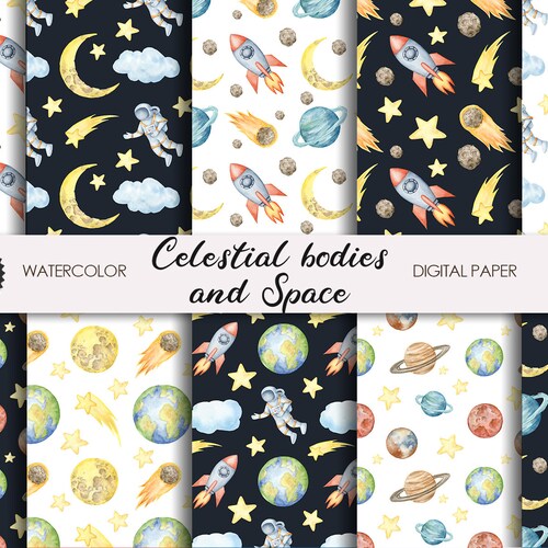 Watercolor Celestial Bodies and Space Digital Paper. Cute | Etsy
