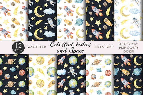 Watercolor Celestial Bodies and Space Digital Paper. Cute - Etsy