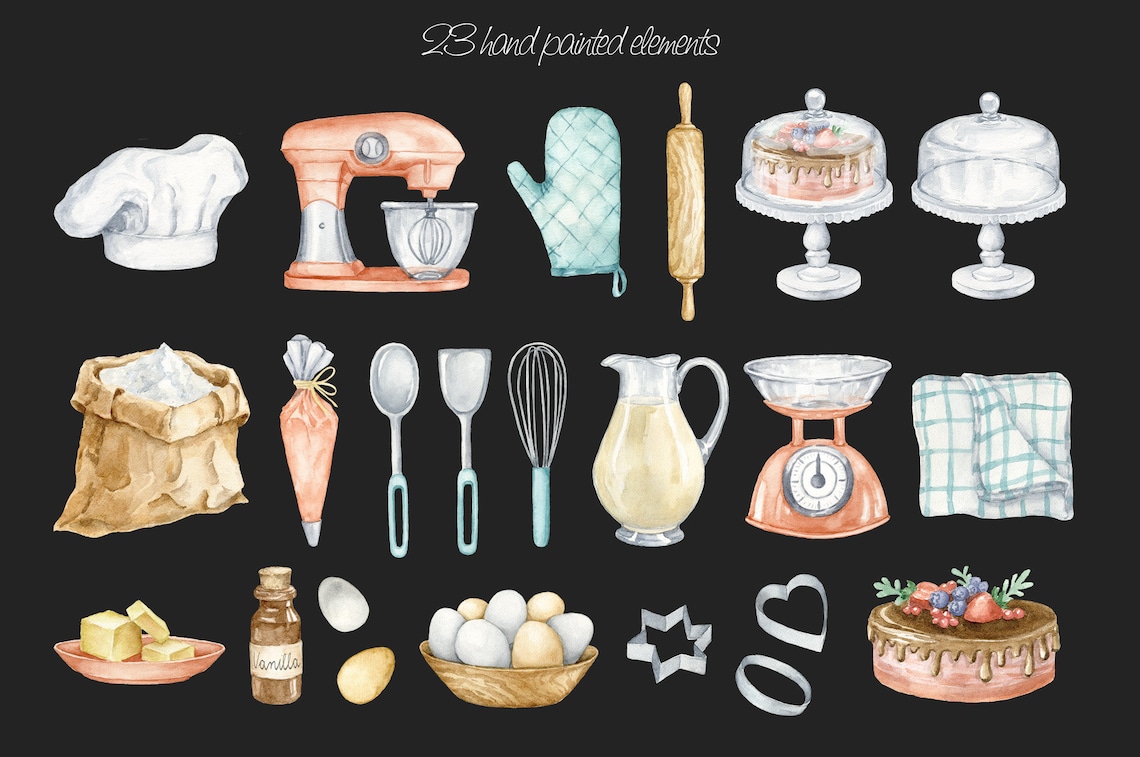 Watercolor Bakery Clipart. Watercolor Hand Drawn Baking - Etsy