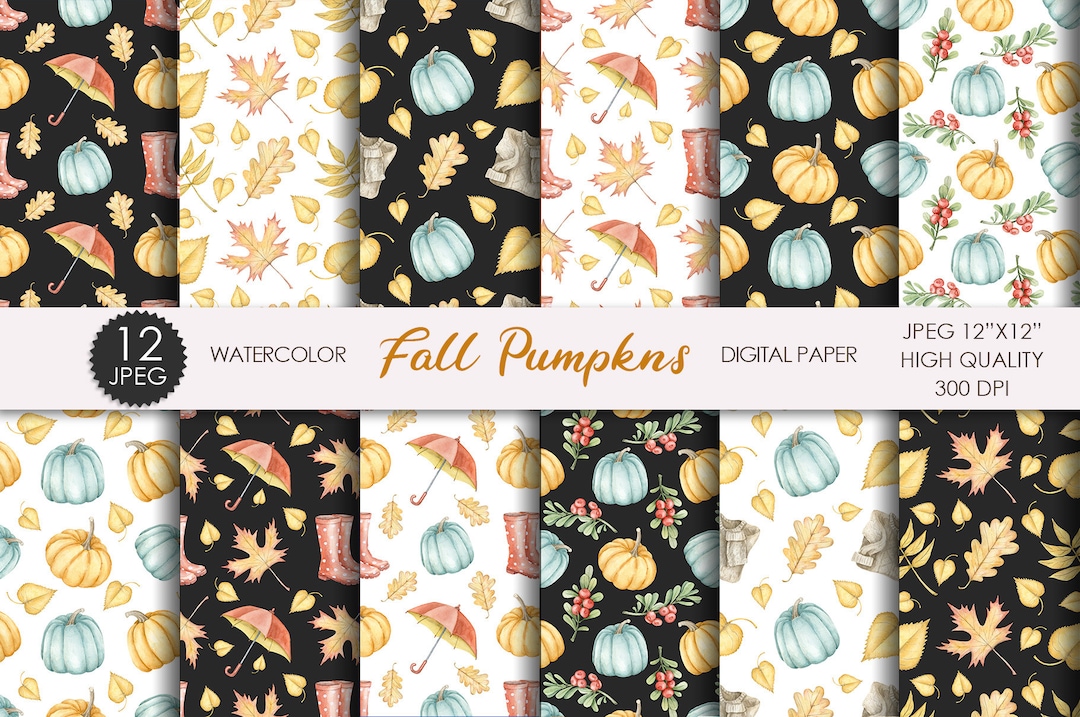 Watercolor Fall Digital Paper. Pumpkin Digital Paper. Autumn Leaves ...