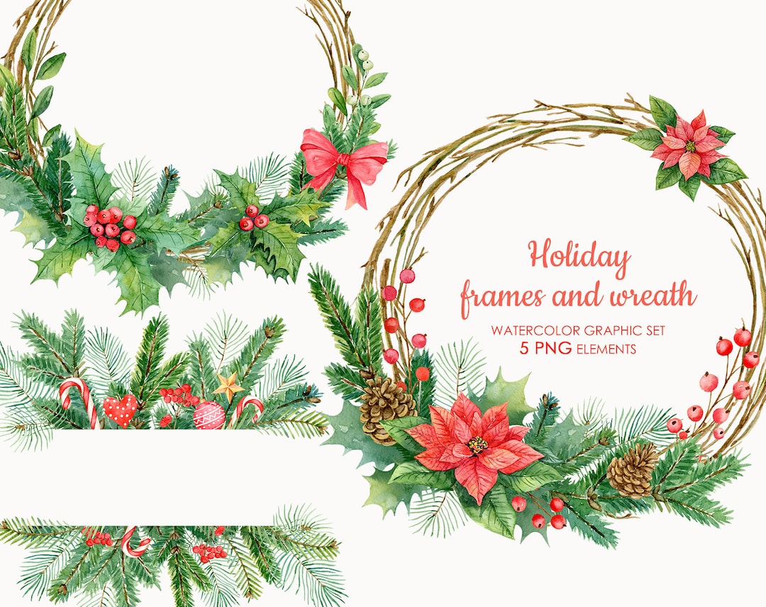 Watercolor Christmas Floral Wreath and Frame Clipart. Winter Holiday ...
