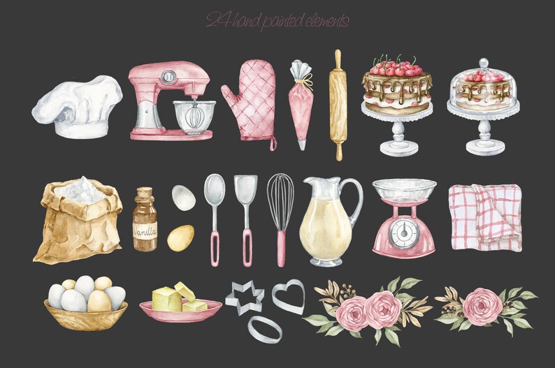 Watercolor Bakery Clipart. Watercolor Hand Drawn Baking - Etsy UK