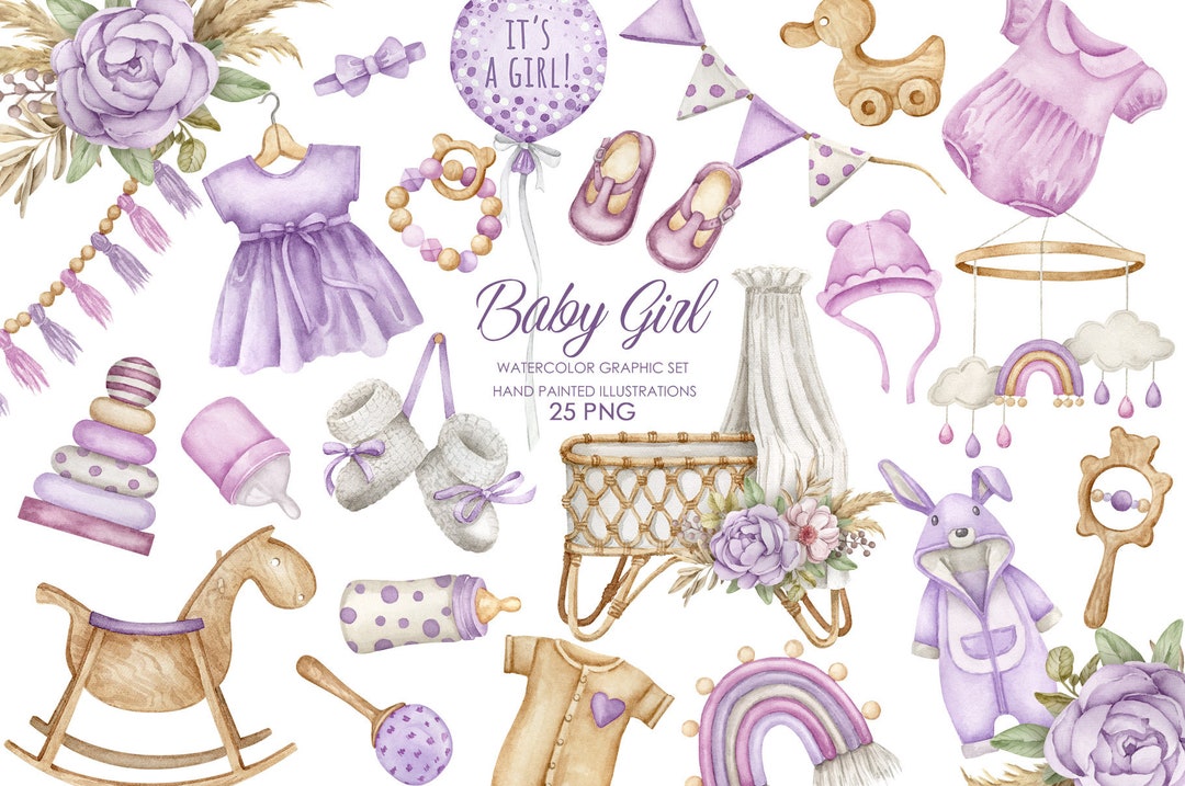 Watercolor Boho Nursery Clipart. Baby Girl Clipart. Birthday Invitation ...