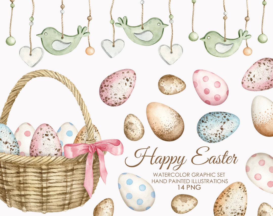 Watercolor Easter Eggs Clipart. Holiday Eggs in a Basket and Spring ...