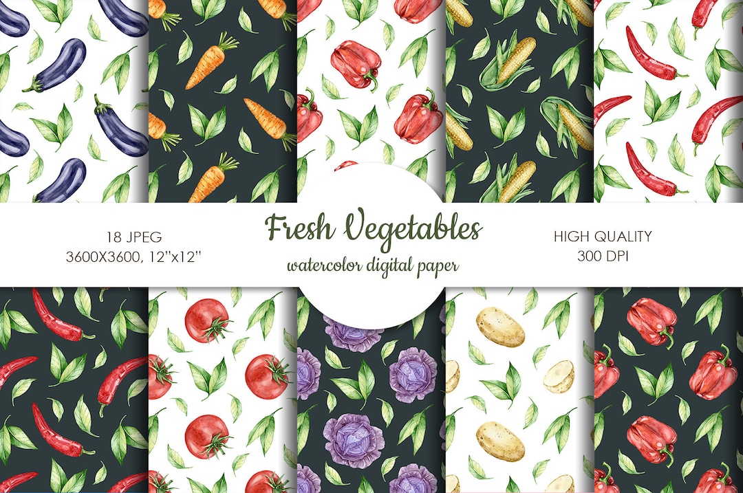 Watercolor Vegetable Digital Paper. Spring Garden Vegetables Seamless ...