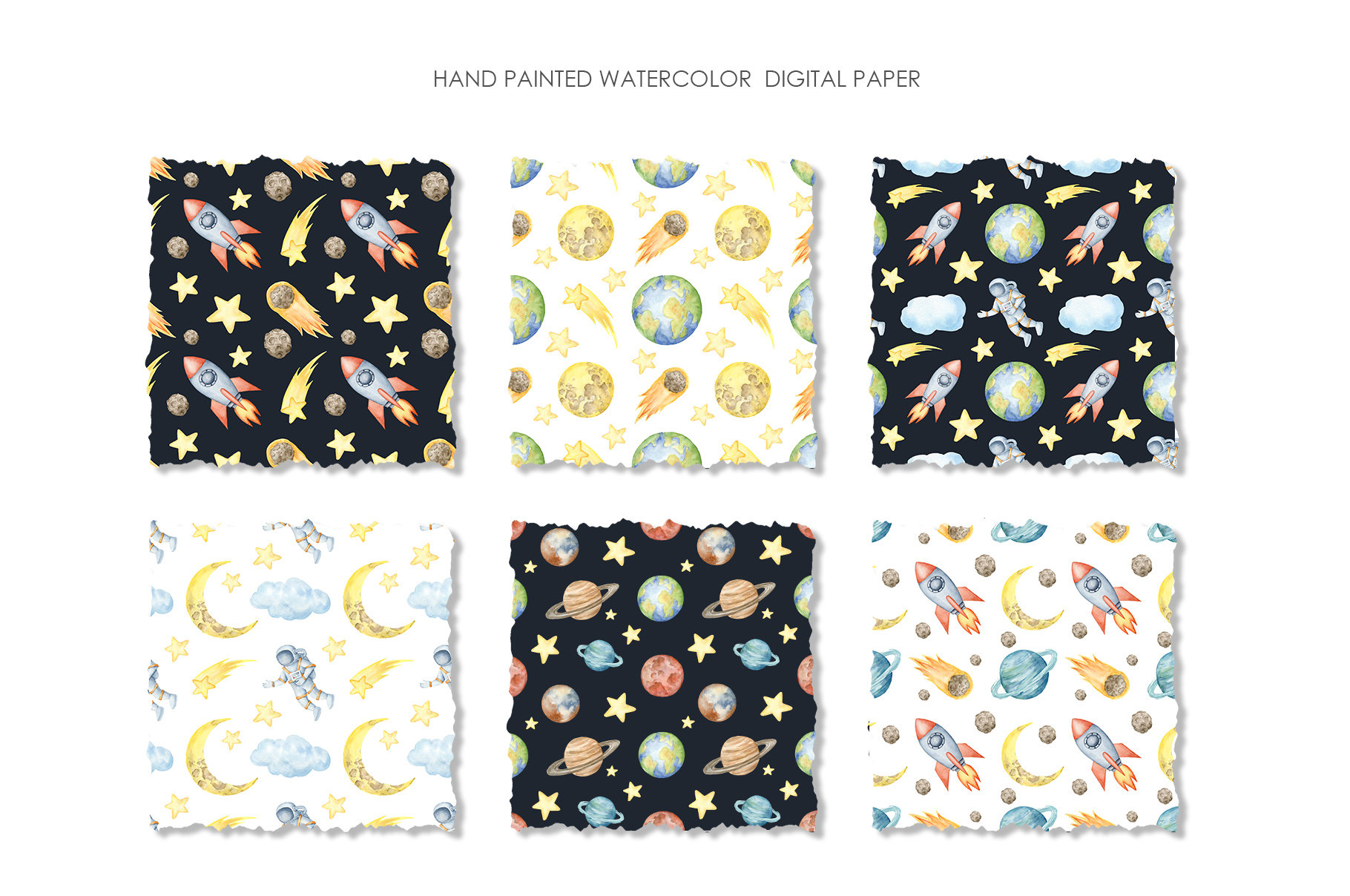 Watercolor Celestial Bodies and Space Digital Paper. Cute Planets ...