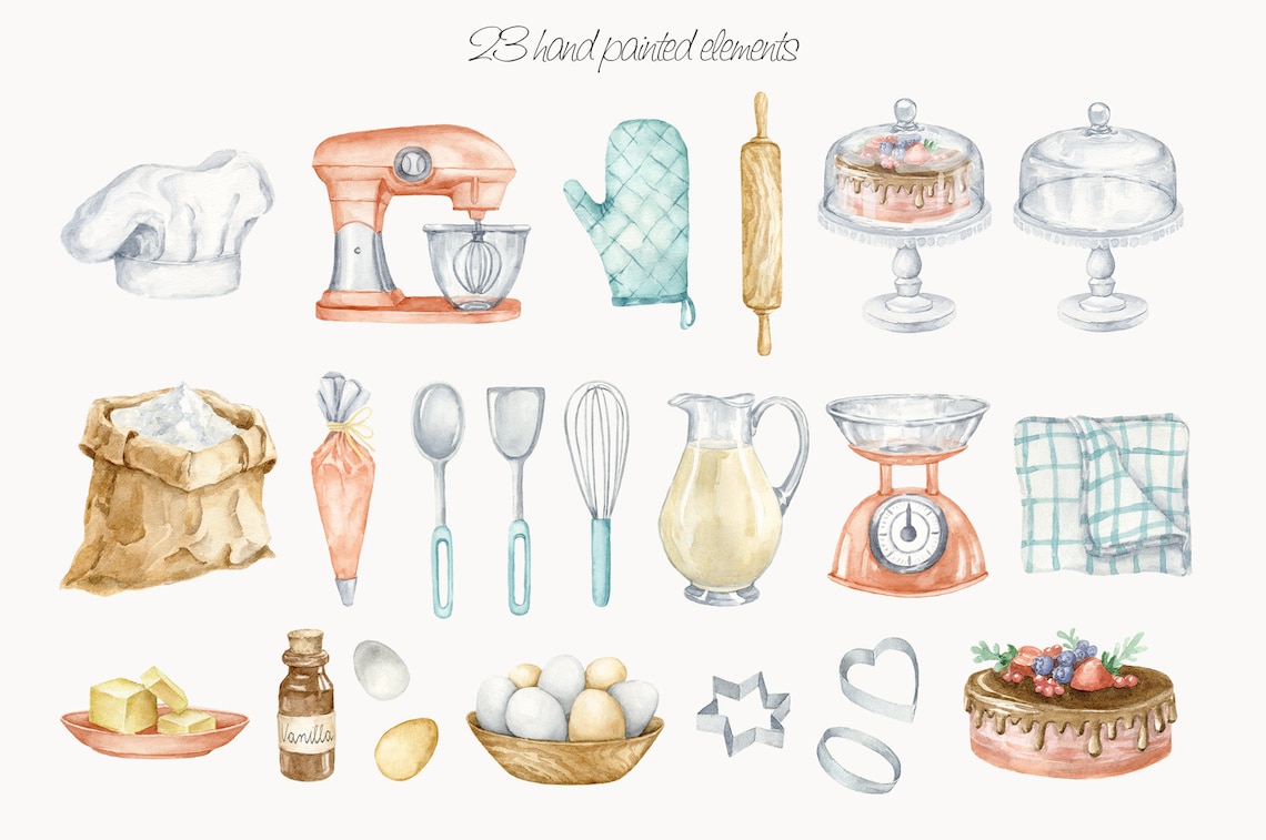 Watercolor Bakery Clipart. Watercolor Hand Drawn Baking | Etsy
