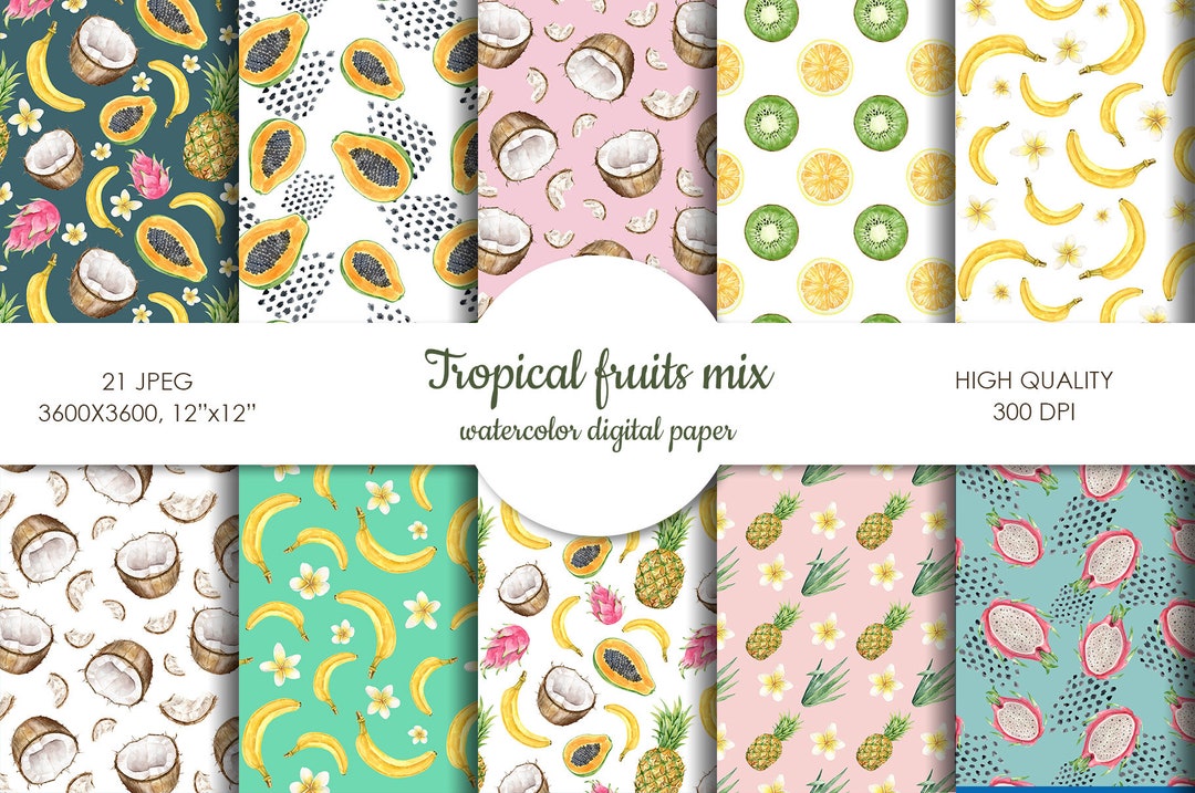 Watercolor Tropical Fruit Digital Paper JPEG Bundle-watercolor Fruits ...