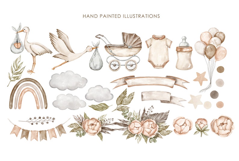 Watercolor Boho Nursery Clipart. Stork Baby Shower Clipart. Stork ...
