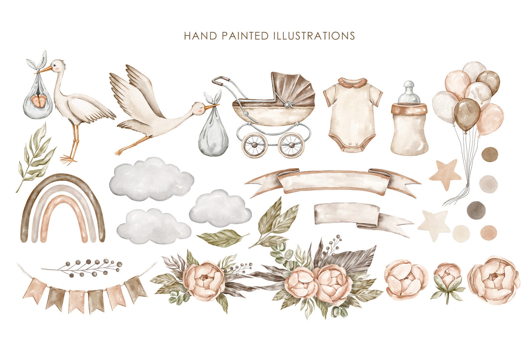 Watercolor Boho Nursery Clipart. Stork Baby Shower Clipart. - Etsy