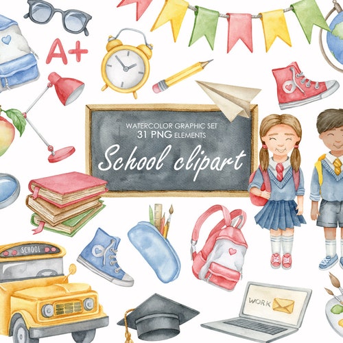 Watercolor School Clipart. School Supplies PNG. Education - Etsy
