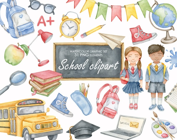 Watercolor School Clipart. School Supplies PNG. Education - Etsy