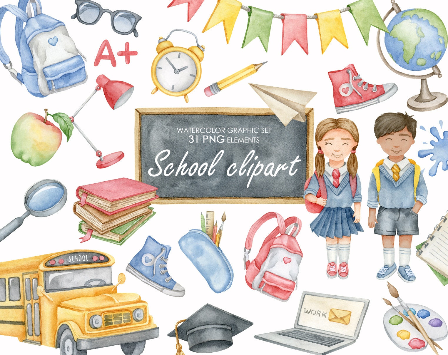 Watercolor School Clipart. School Supplies PNG. Education - Etsy
